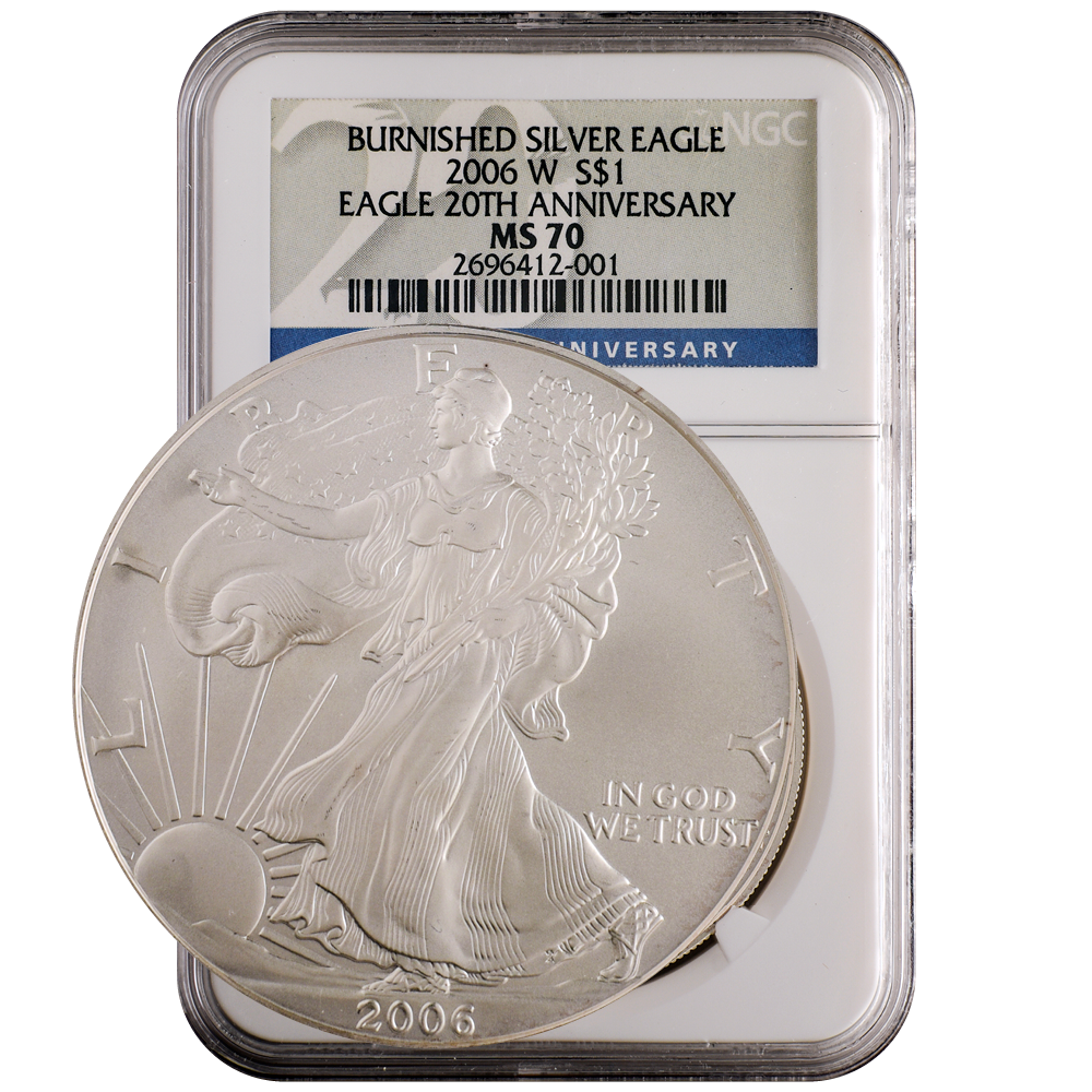 2006-W Burnished Silver Eagle 20th Anniversary "Blue Label" MS70 NGC – CCI