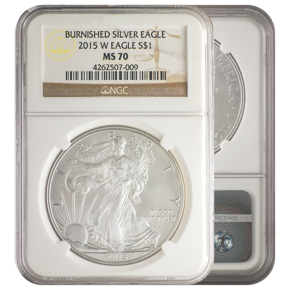2015-W Burnished Silver Eagle "Brown Label" MS70 NGC – CCI