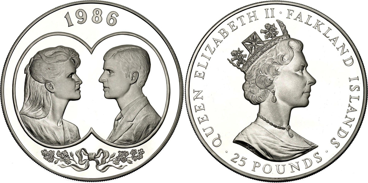 1986 Falkland Islands Royal Wedding 25 Pound Sterling Silver Proof Qua ...